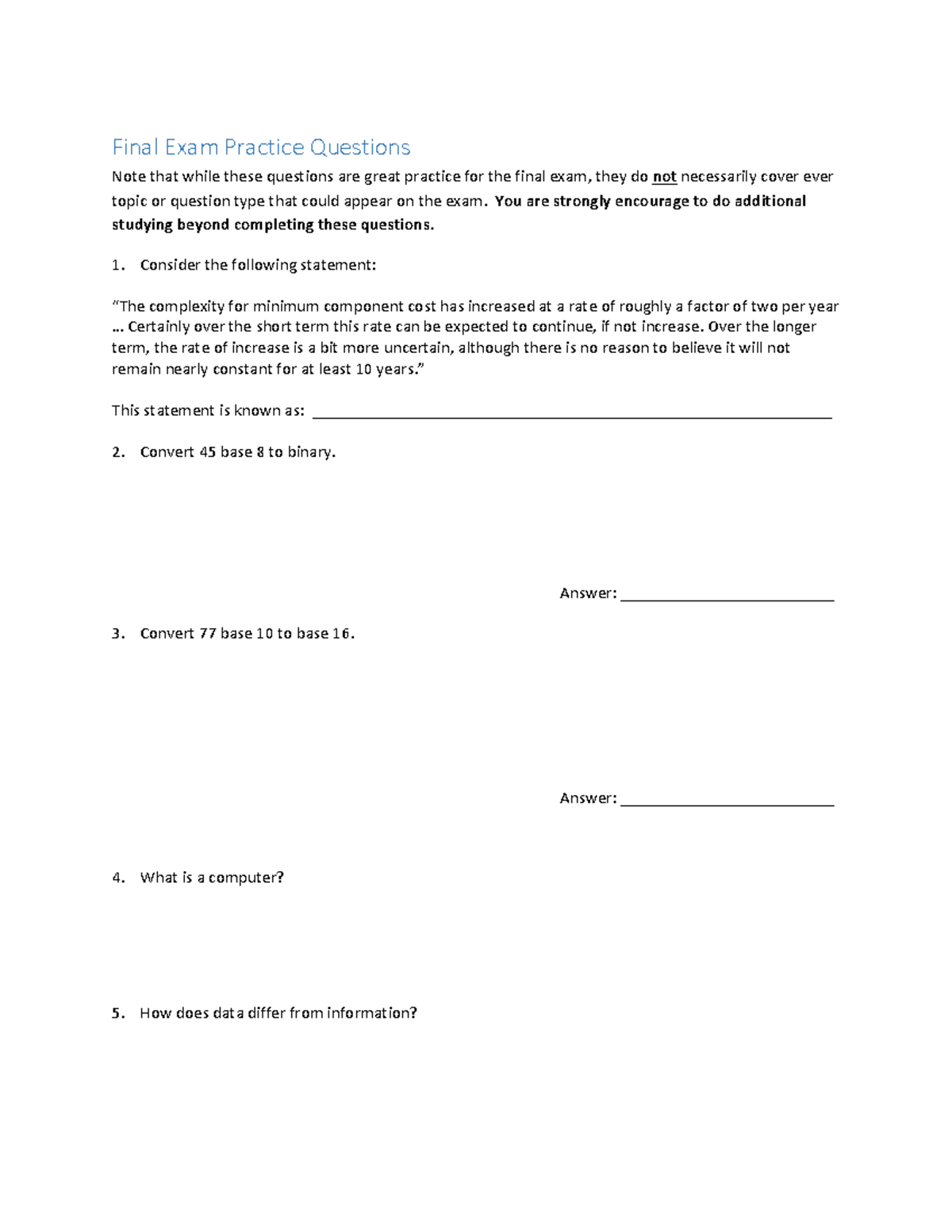 Final Exam Practice Questions for CS101 - Studocu