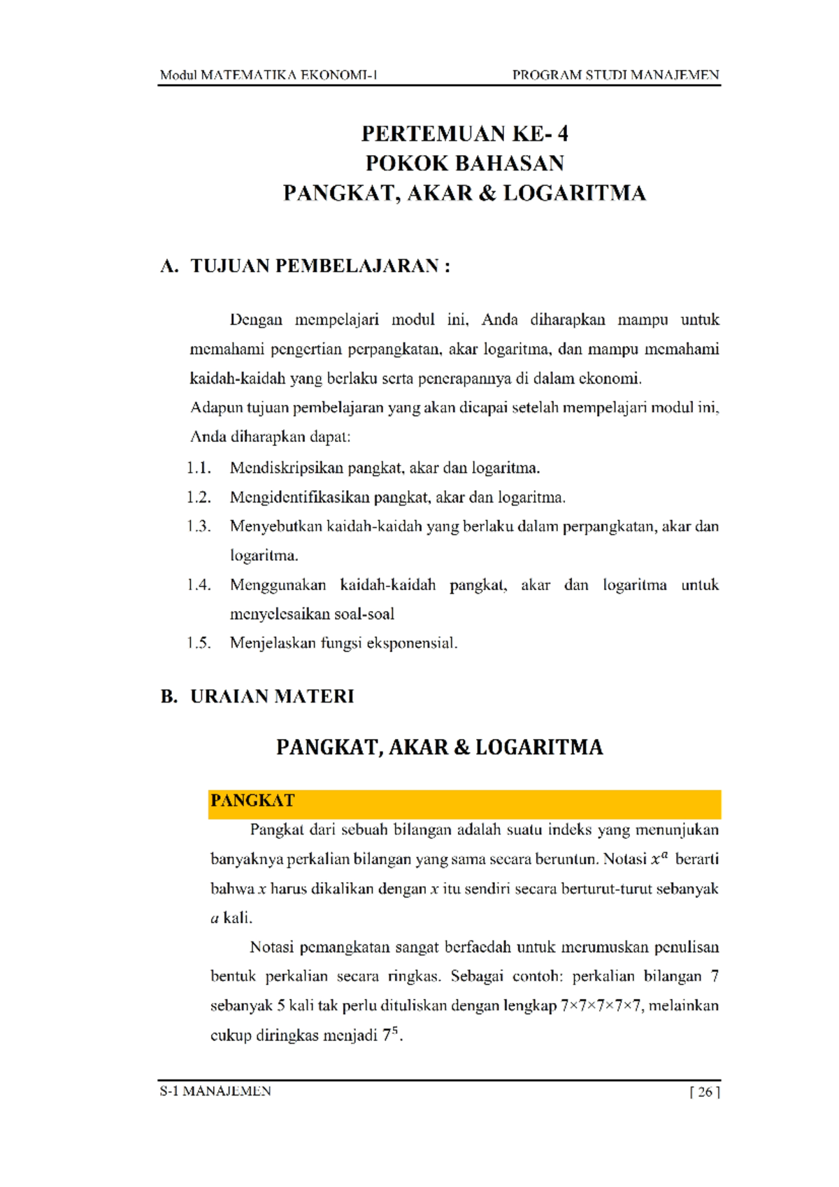 Modul 4: Pangkat, Akar, dan Logaritma - Matematika Manajemen - Studocu