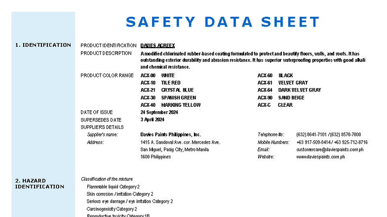 Davies Acreex Standard Colors Safety Data Sheet (SDS) - Studocu