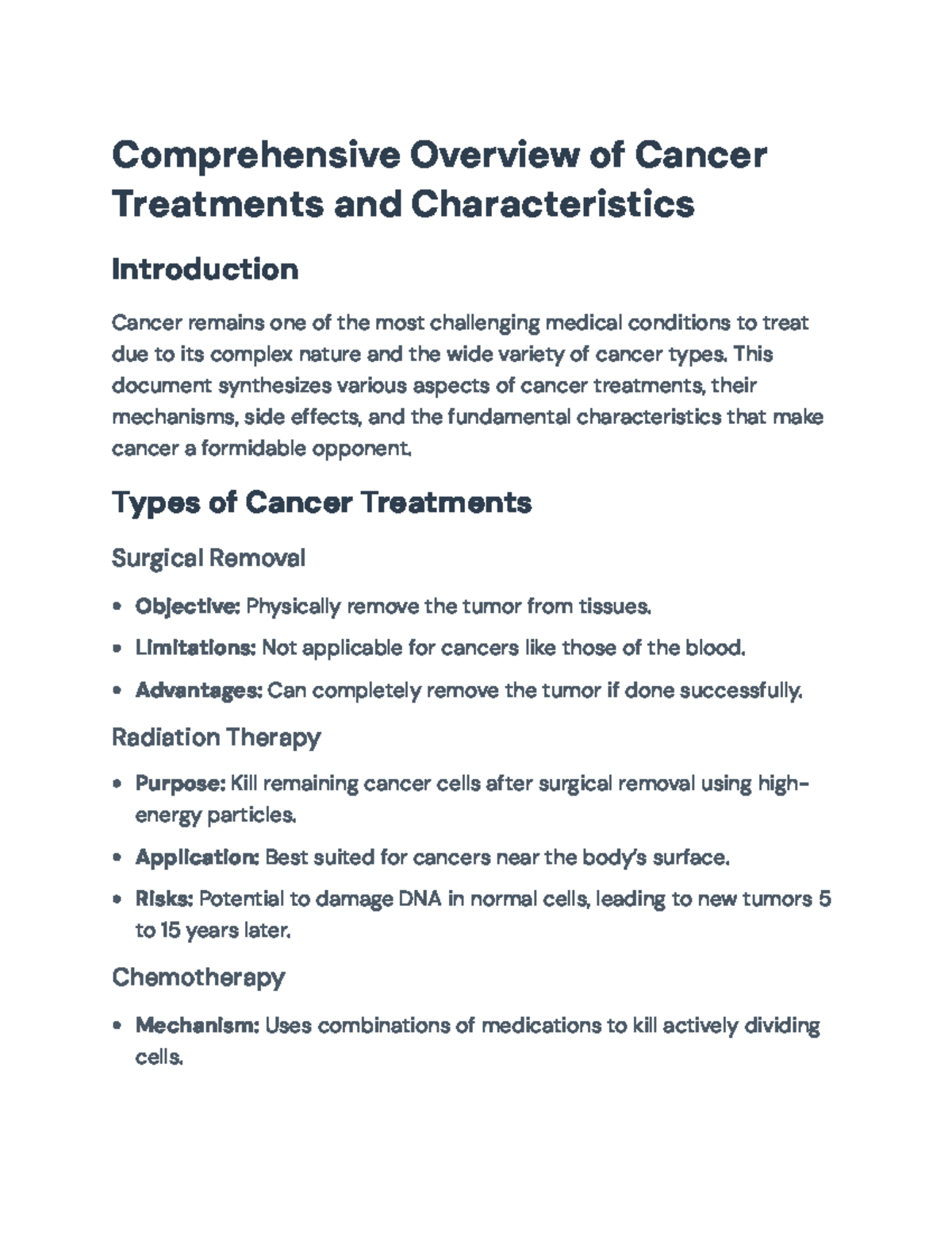 Comprehensive Overview of Cancer Treatments and Characteristics ...