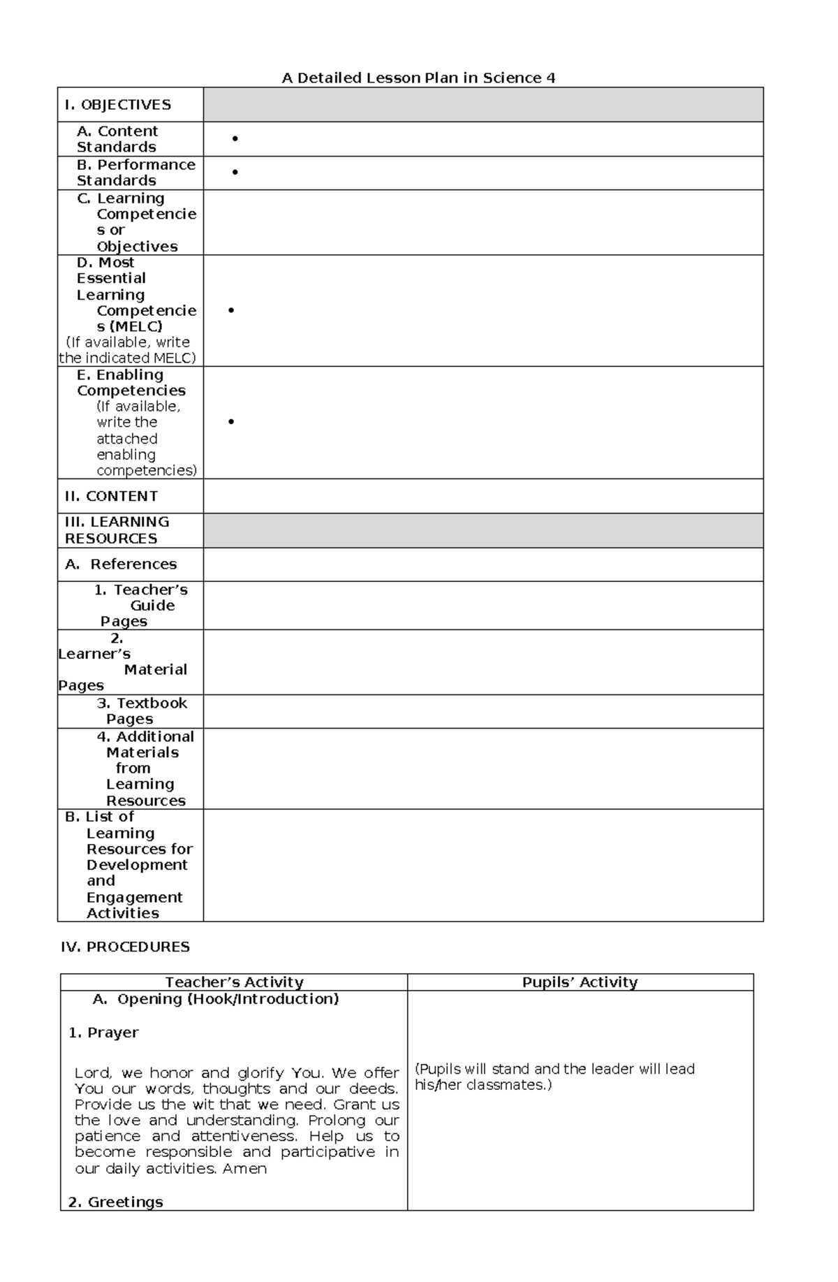 Science 4 Detailed Lesson Plan Format and Guidelines - Studocu