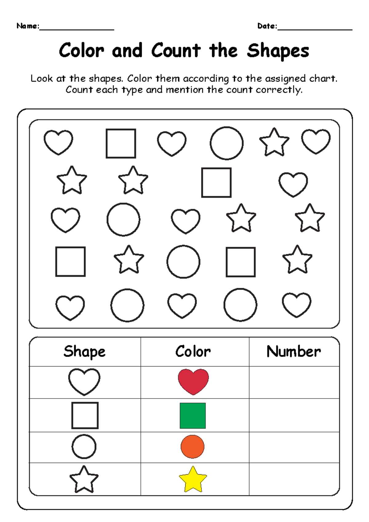 Color and Count the Shapes - Kindergarten Worksheet - Look at the ...