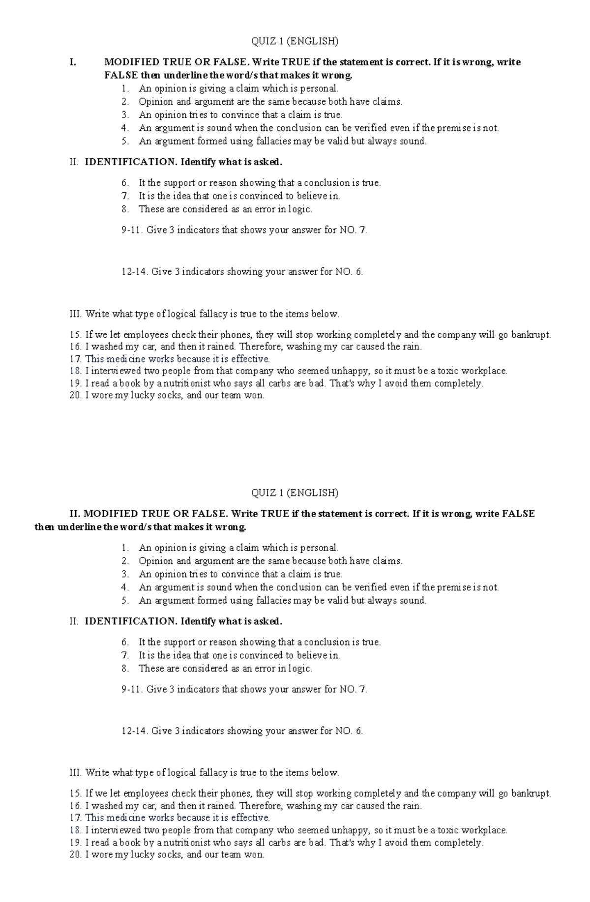 QUIZ 1 (ENGLISH) - Modified True or False & Identification - Studocu
