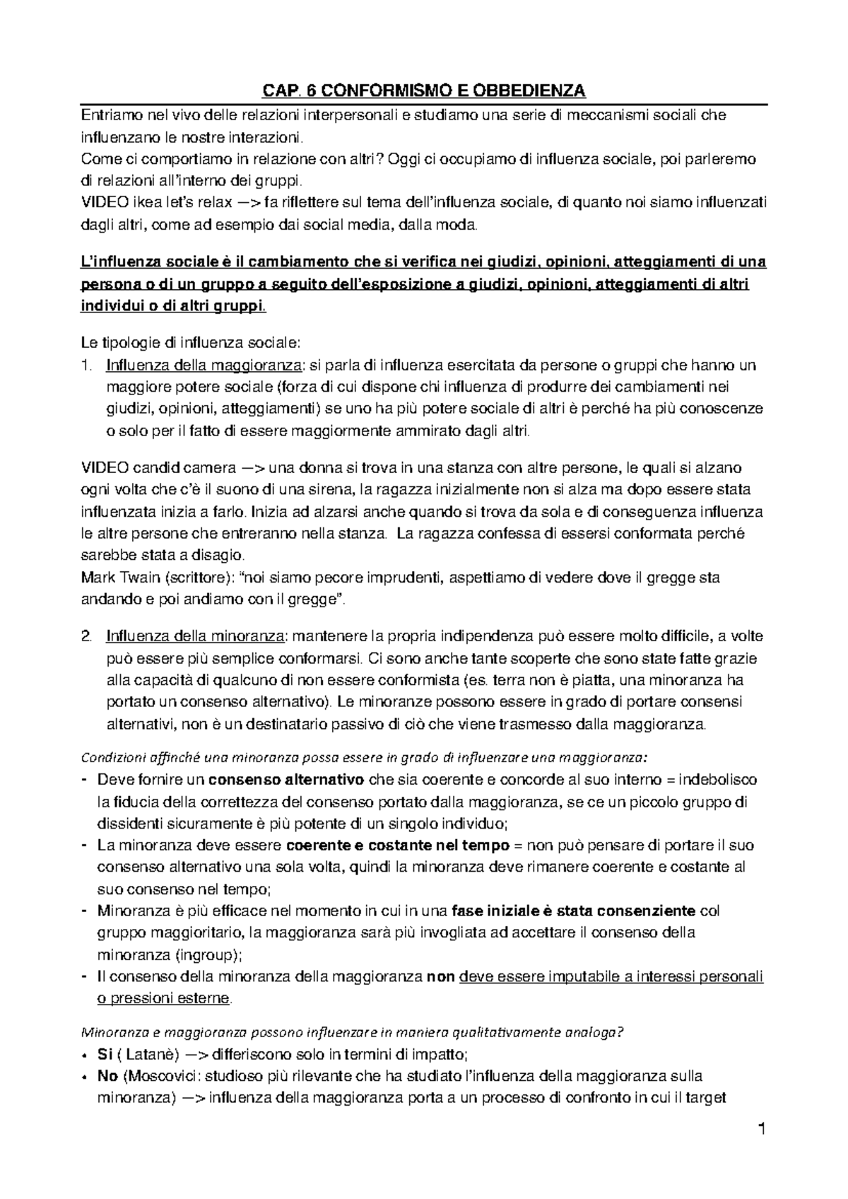 CAP. 6 CONFORMISMO E OBBEDIENZA: Meccanismi di Influenza Sociale e ...