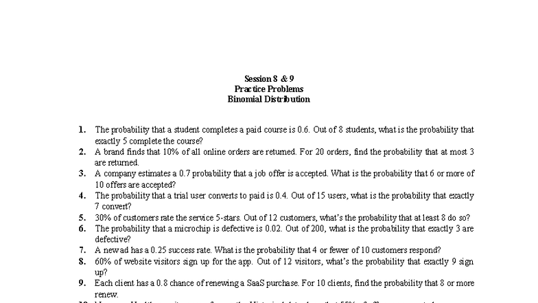 PP Session 8 & 9 - Binomial Distribution Practice Problems - Studocu