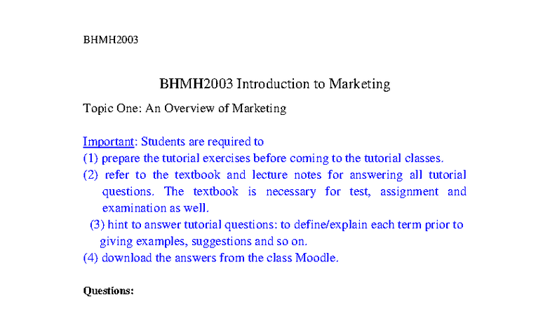 BHMH2003 Introduction to Marketing Tutorial 1: Overview of Marketing ...