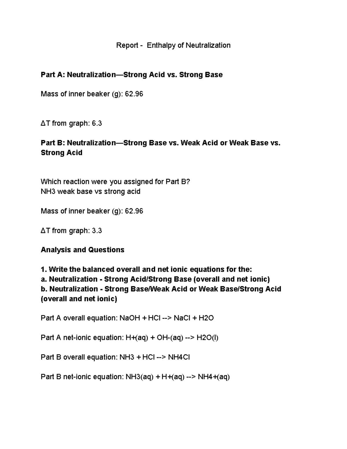 Enthalpy of Neutralization Lab Report (Chemistry 101) - Studocu