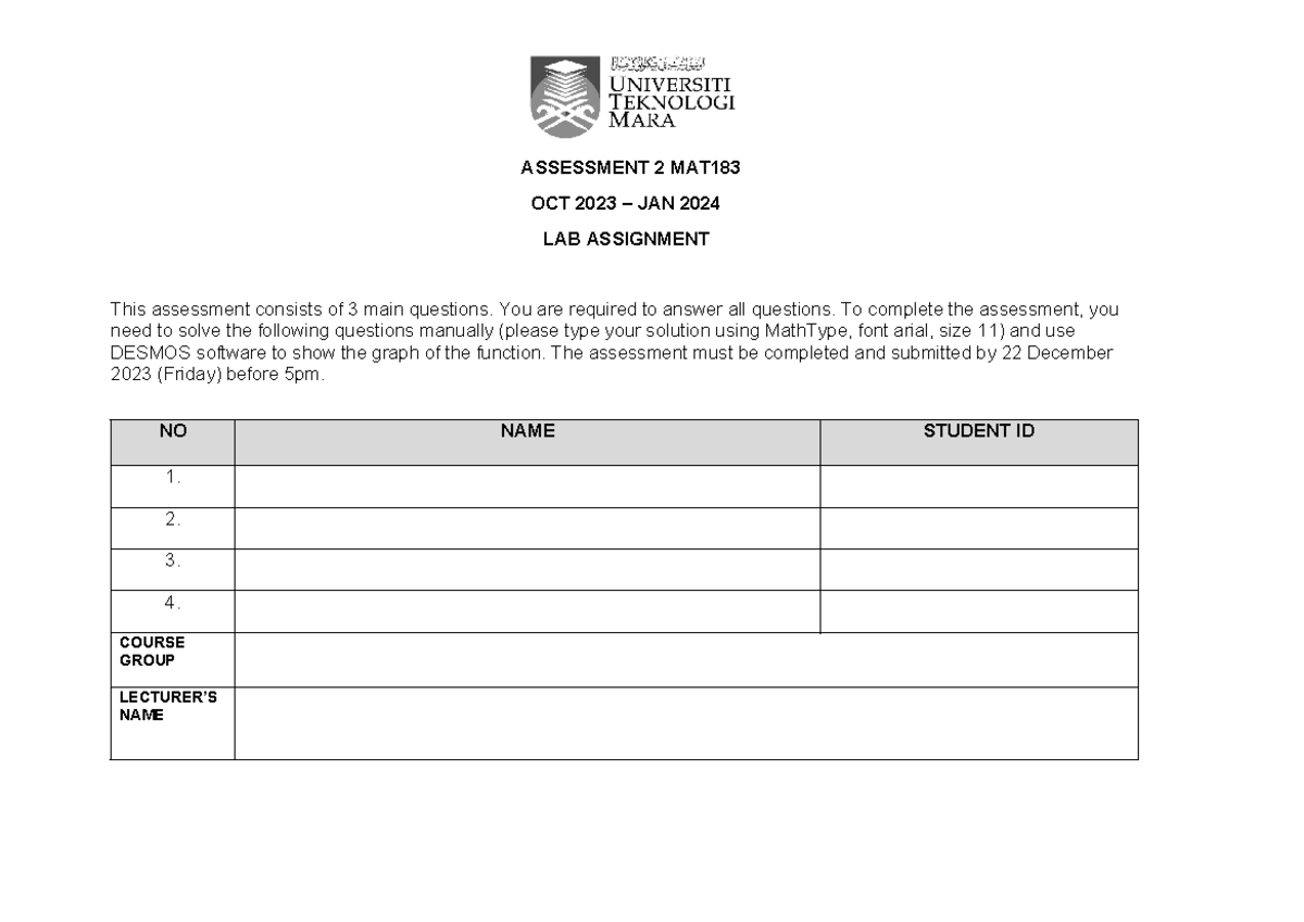 Assessment 2 LAB Assignment MAT183 - ASSESSMENT 2 MAT OCT 2023 – JAN ...