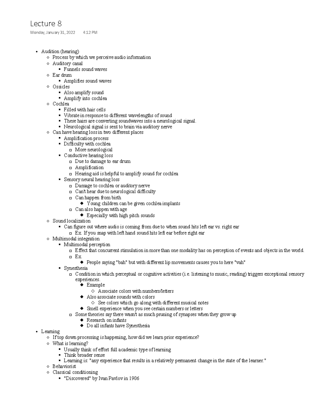 Psych 10 lesson 8 notes - Audition (hearing) Process by which we ...