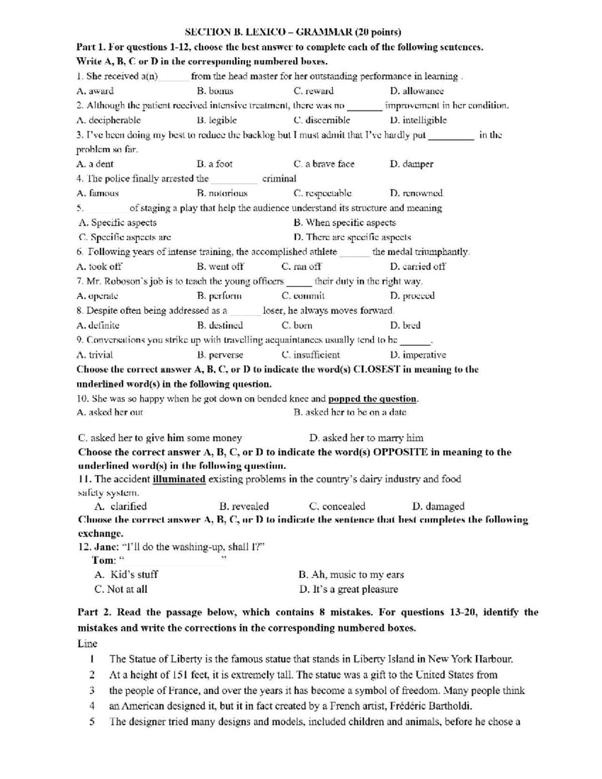 22B - Lexico Grammar Exercises and Reading Comprehension Tasks - Studocu