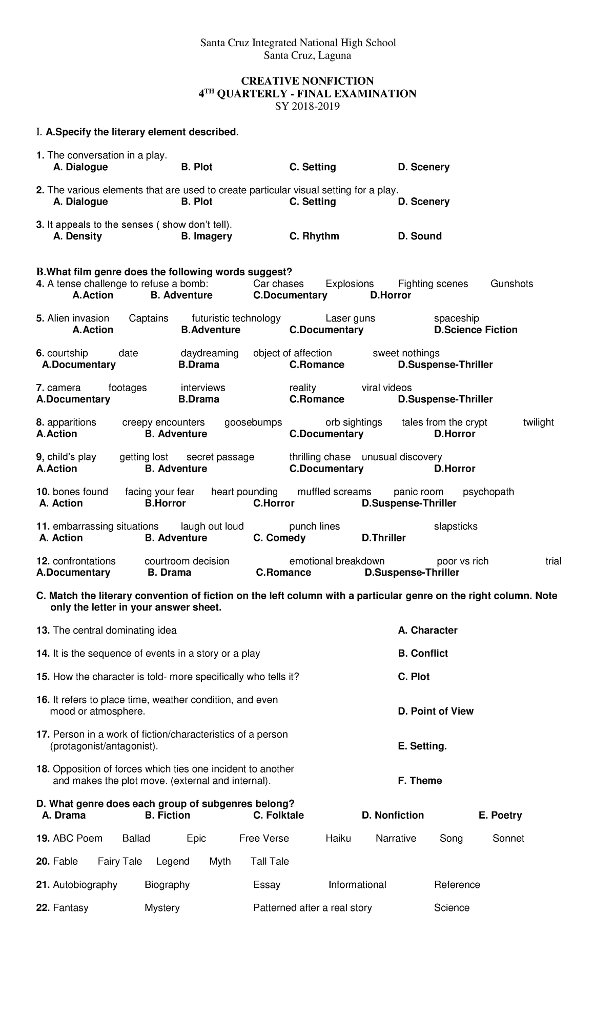 G12 Creative Nonfiction 4th Quarter Final Exam Review Notes - Studocu