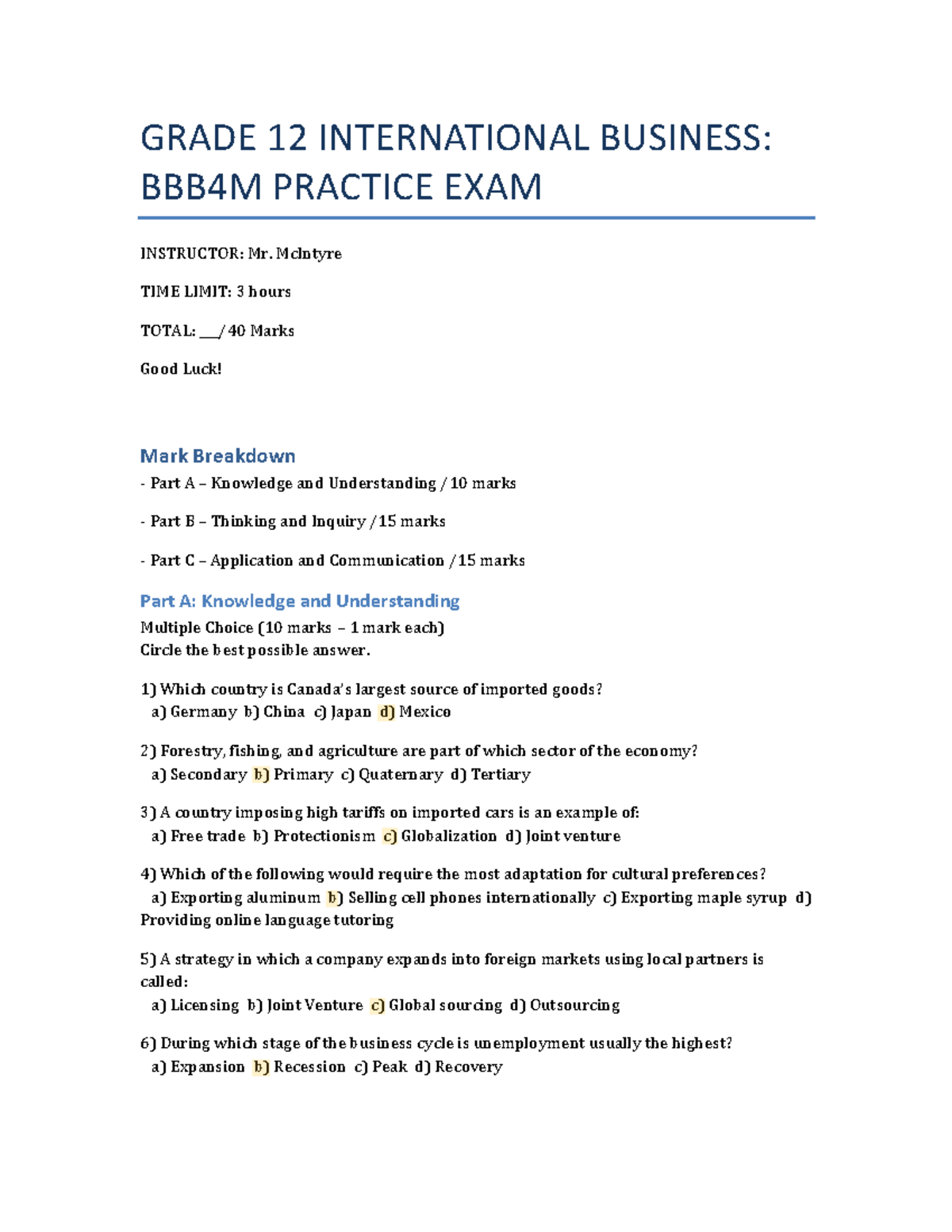 Grade 12 International Business: BBB4M Practice Exam & Essay Topics ...