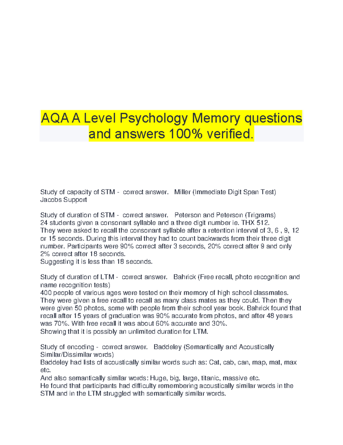 AQA A Level Psychology Memory Exam Questions & Answers for Study - Studocu