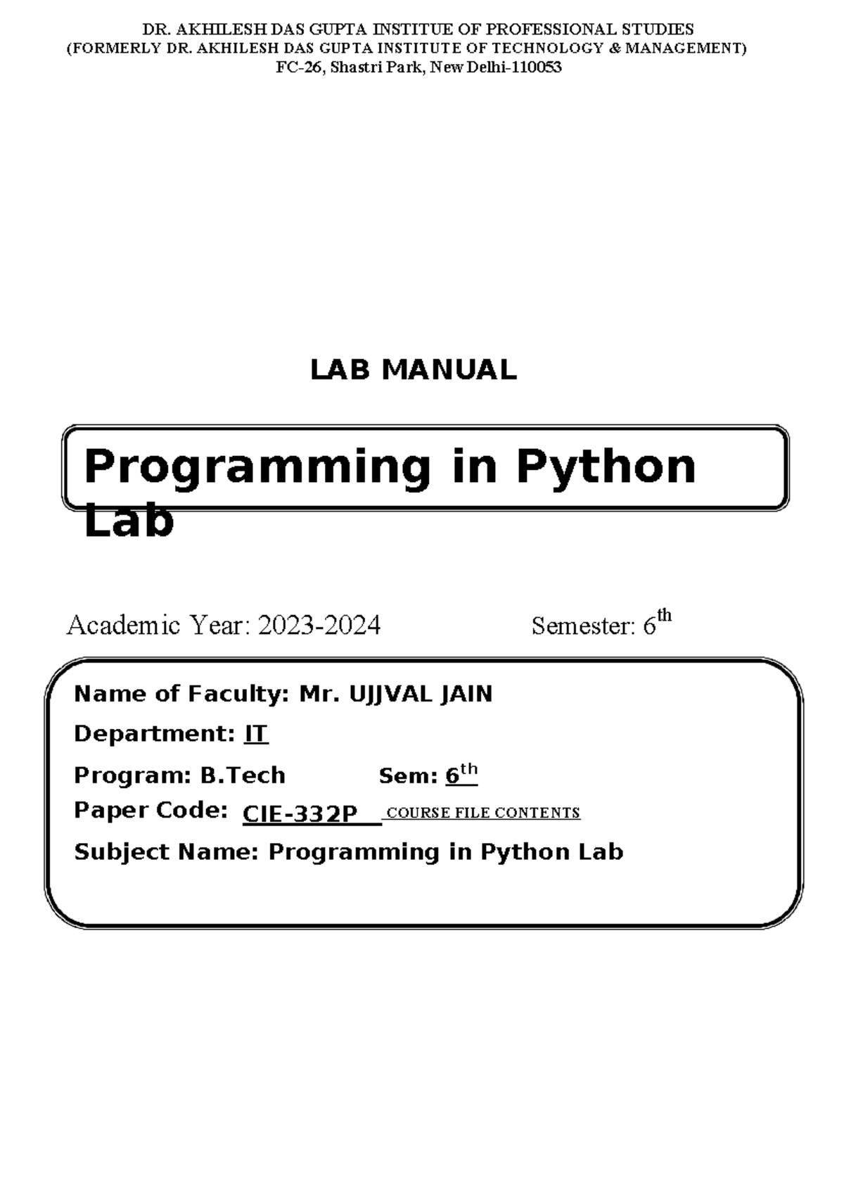 Programming in Python Lab Manual - B.Tech CSE Sem 6 - Studocu