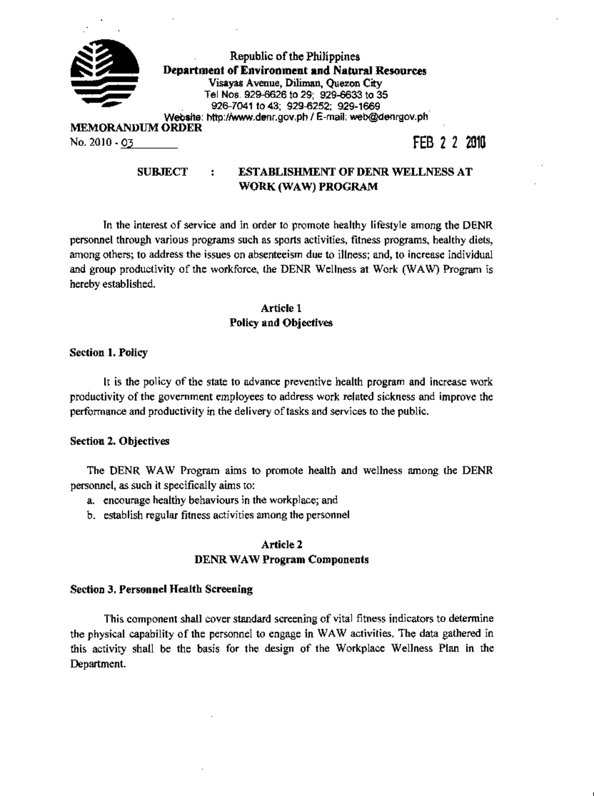 DENR Wellness at Work (WAW) Program Establishment Details - Studocu