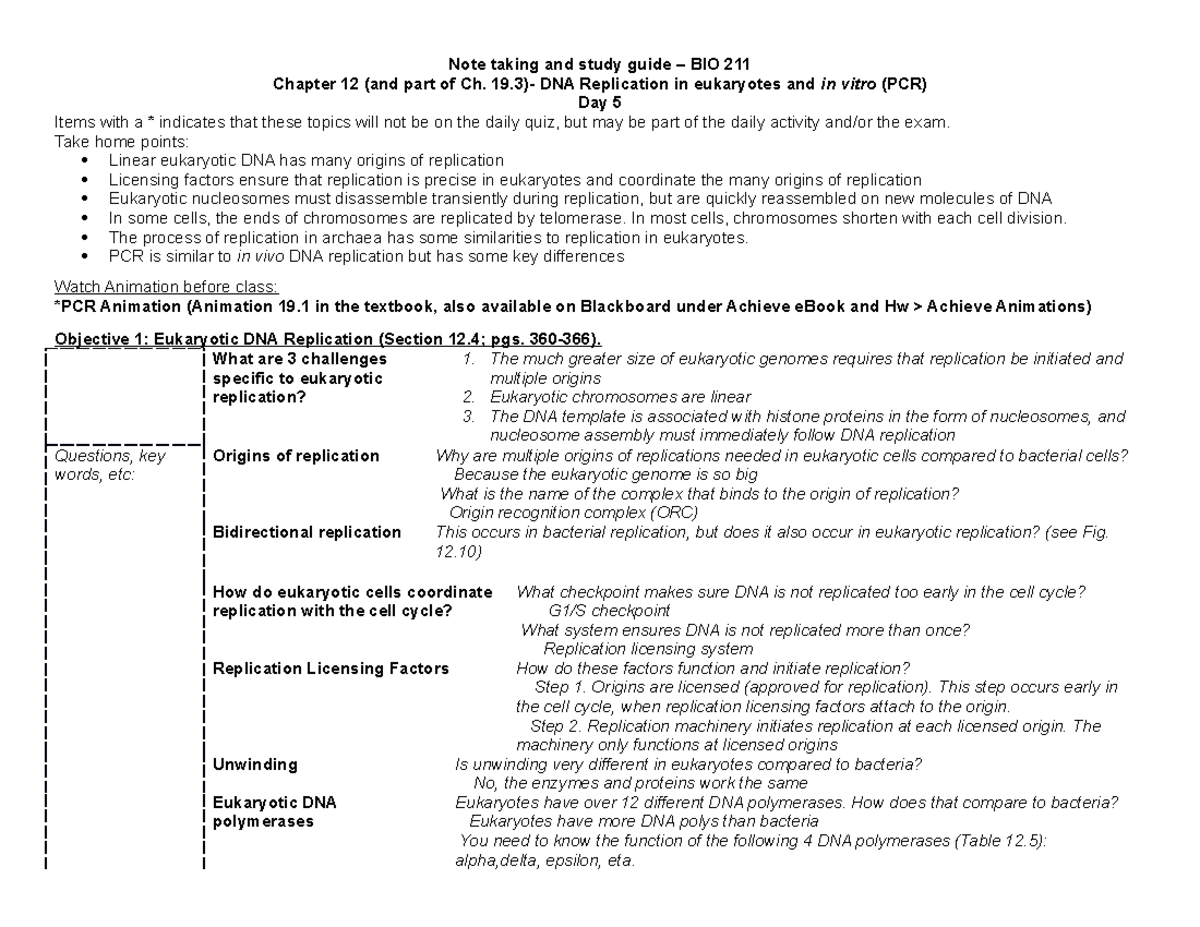 BIO 211- Day 5 DNA Replication-Eukaryotes - Note taking and study guide ...