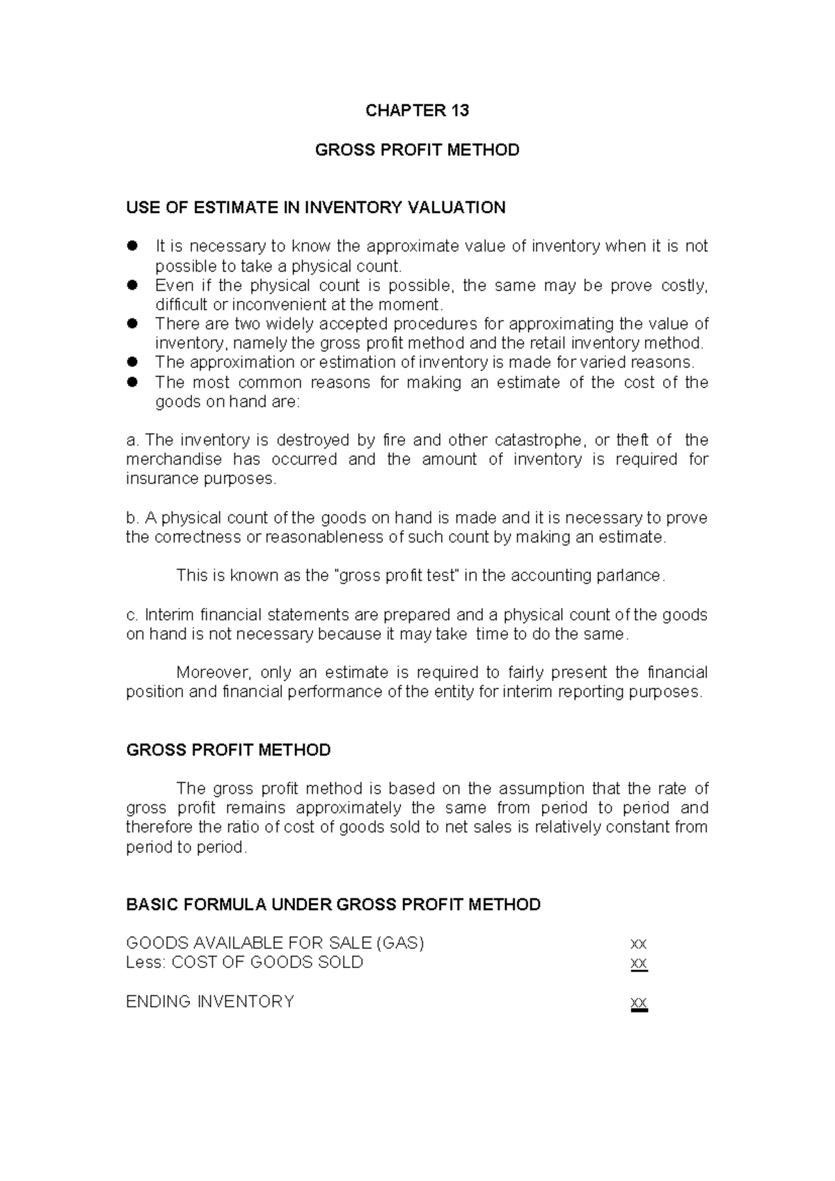Chapter 13: Gross Profit Method in Inventory Valuation - Studocu