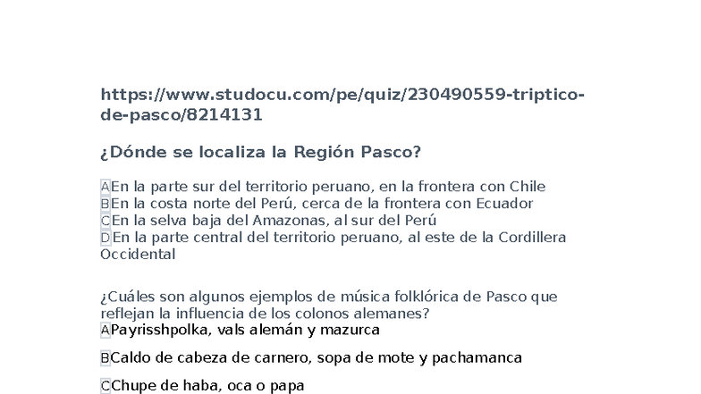 Cuestionario sobre la Región Pasco - Geografía y Cultura - Studocu