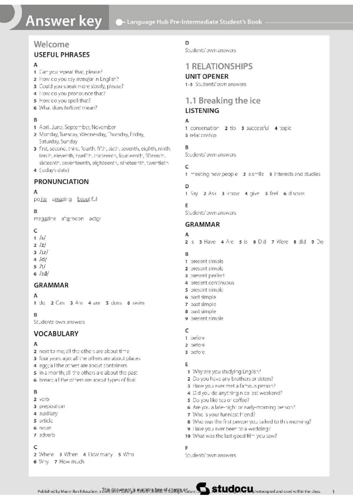 Language Hub Pre-Intermediate Student's Book: Answer Key - Studocu