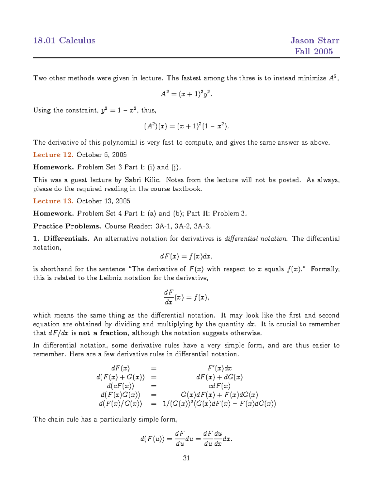 18.01 Calculus Lecture Notes: Homework & Derivative Rules - Studocu