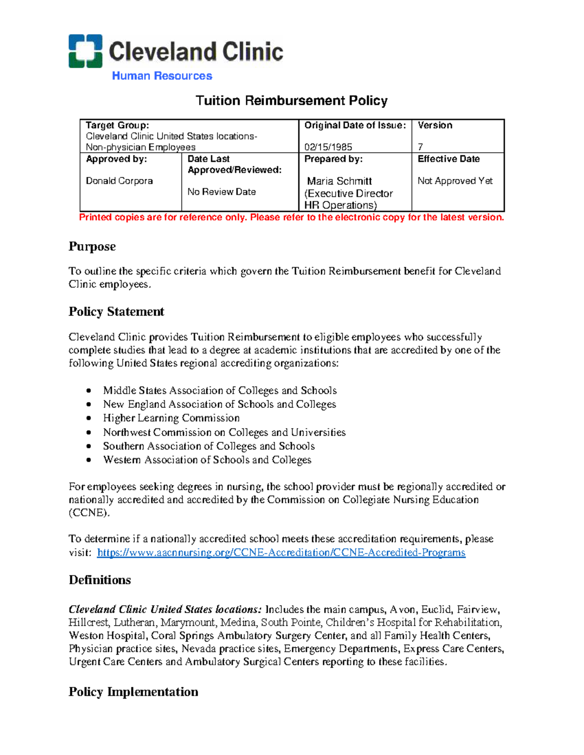 Cleveland Clinic Tuition Reimbursement Policy Overview and Guidelines ...