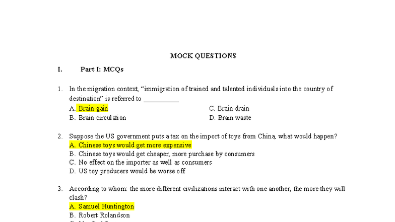 MOCK Questions Globalization - MOCK QUESTIONS I. Part I: MCQs In the ...