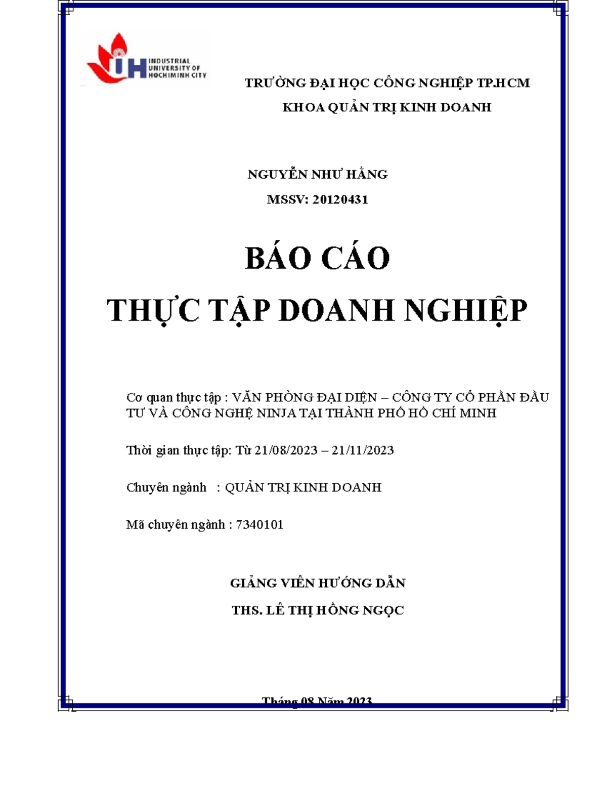 BCTT - BCTT - Tháng 08 Năm 2023 TRƯỜNG ĐẠI HỌC CÔNG NGHIỆP TP KHOA QUẢN ...