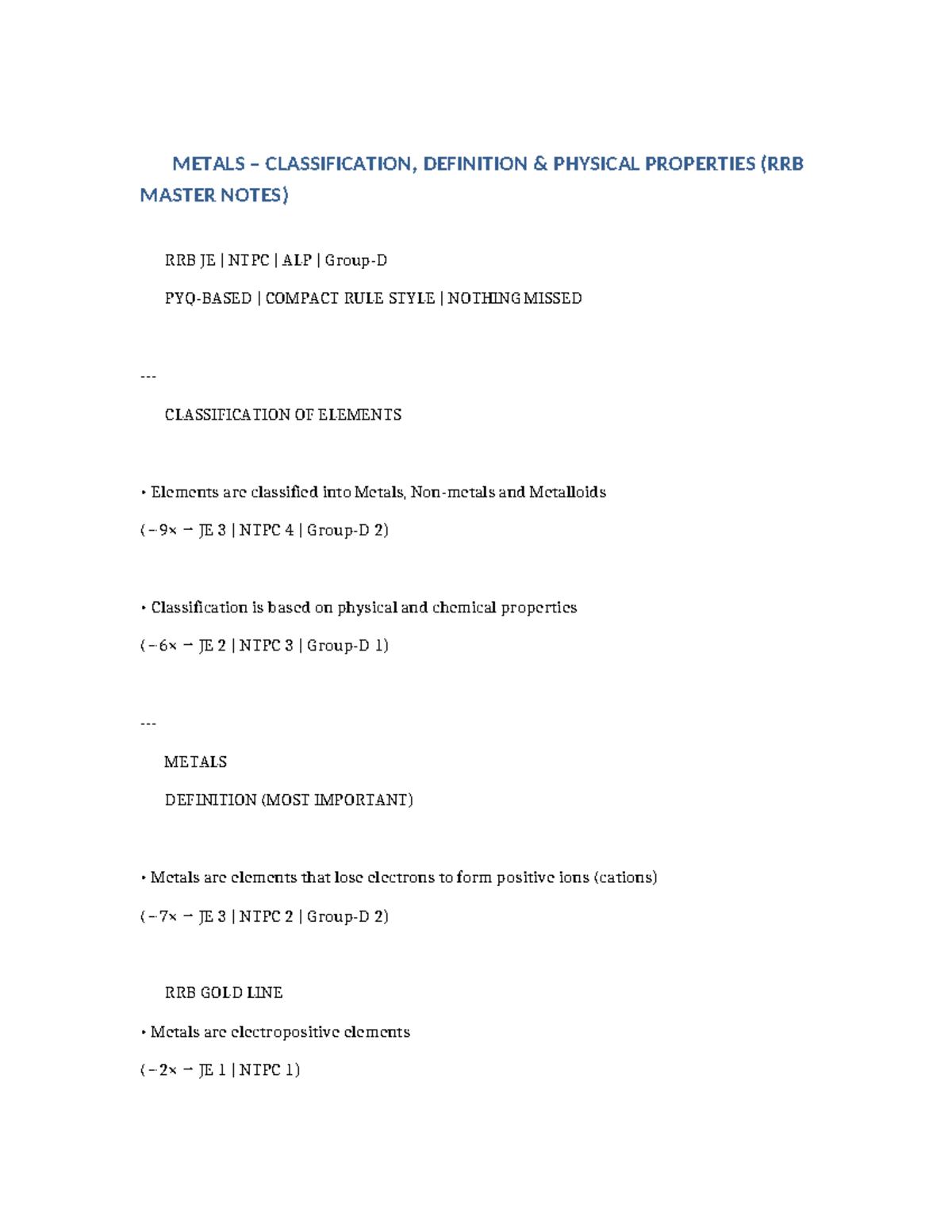 RRB JE NTPC ALP Metals Classification & Physical Properties Notes - Studocu