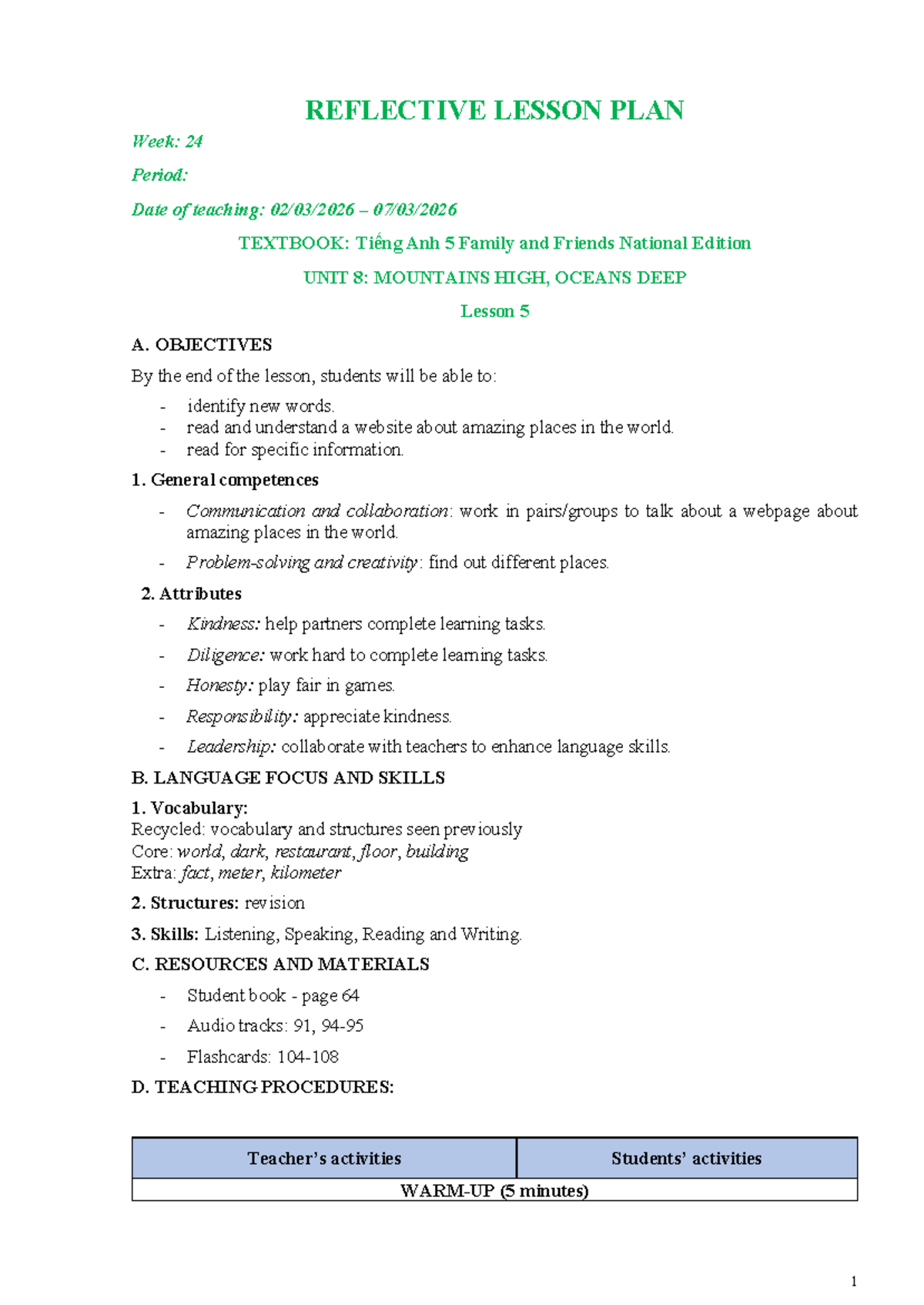 REFLECTIVE LESSON PLAN Tiếng Anh 5 - Week 24: UNIT 8 Activities - Studocu