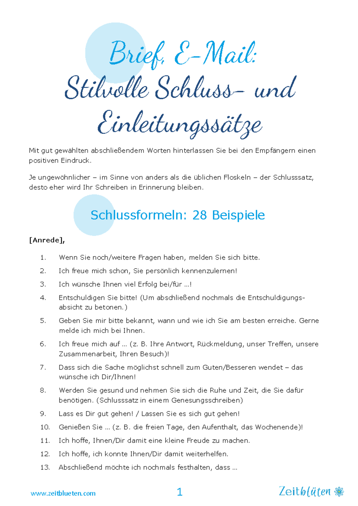Beispiele für stilvolle Schlussformeln in Briefen und E-Mails - Studocu