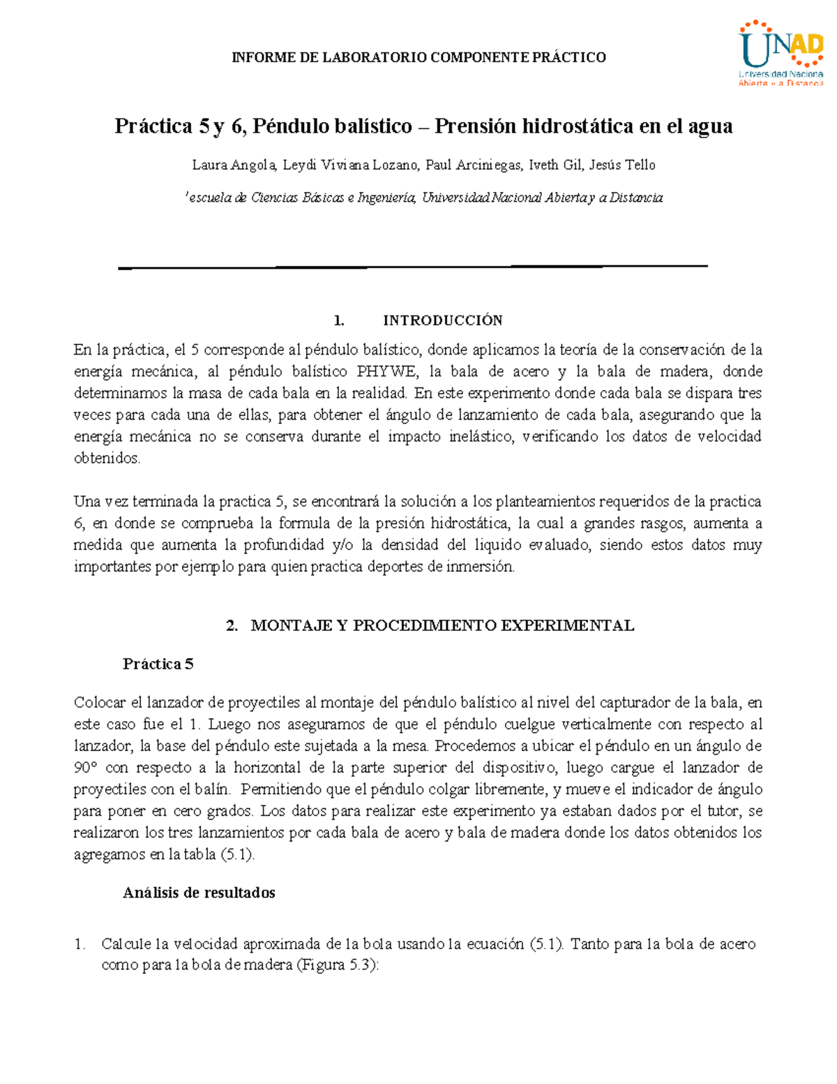 Informe de Laboratorio: Prácticas 5 y 6 - Péndulo Balístico y Presión ...