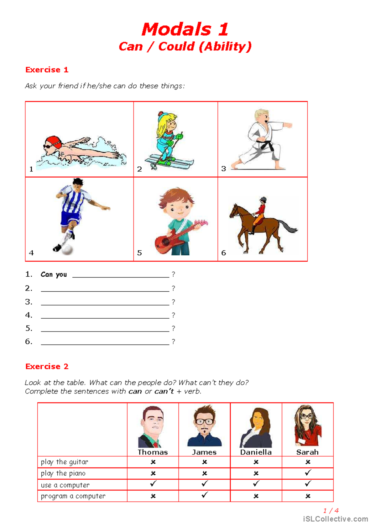 Modals - Can Could - Ability - 1 / 4 Modals 1 Can / Could (Ability ...