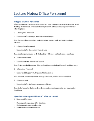 Lecture Notes: Office Personnel Overview and Responsibilities - Studocu