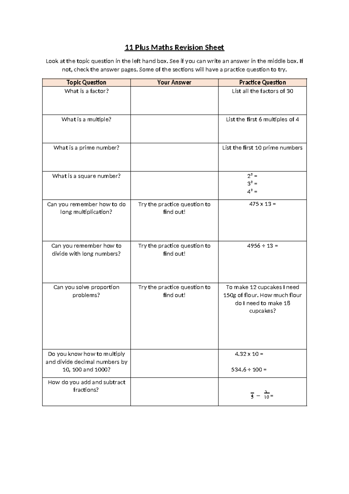 Maths Revision Sheet - 11 Plus Maths Revision Sheet Look at the topic ...