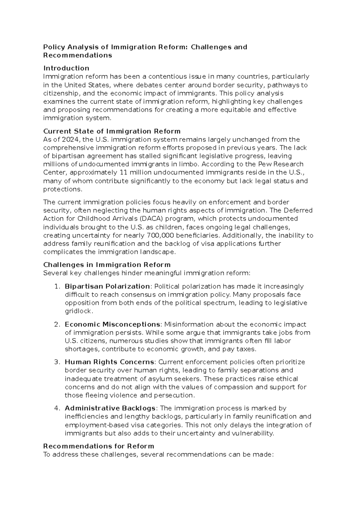 Policy Analysis of Immigration Reform: Challenges & Solutions - Studocu