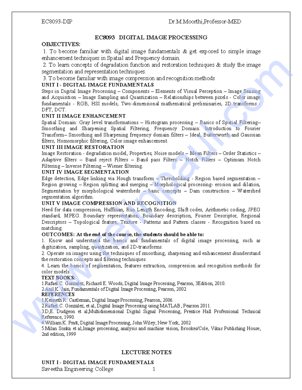 EC8093 Lecture Notes: Digital Image Processing Concepts and Techniques ...