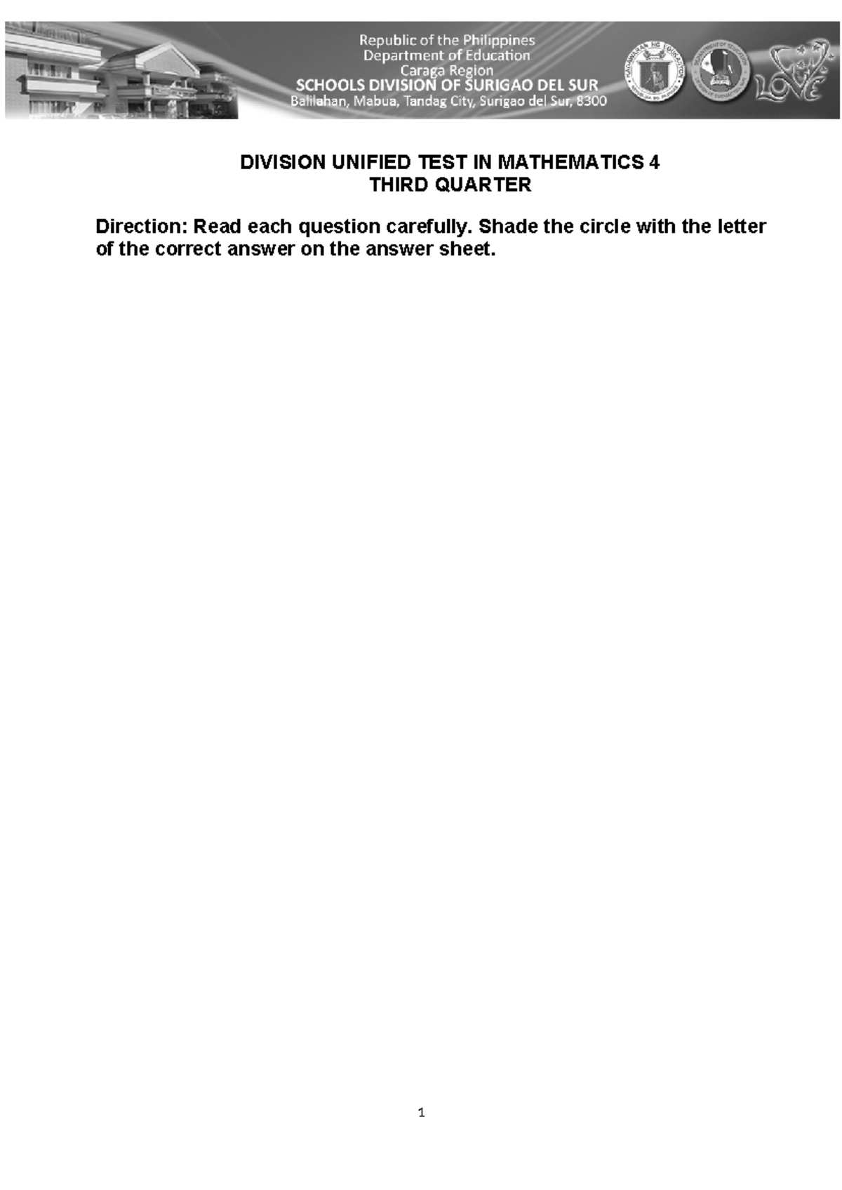 3RD Periodical TEST (math 4) Final - DIVISION UNIFIED TEST IN ...