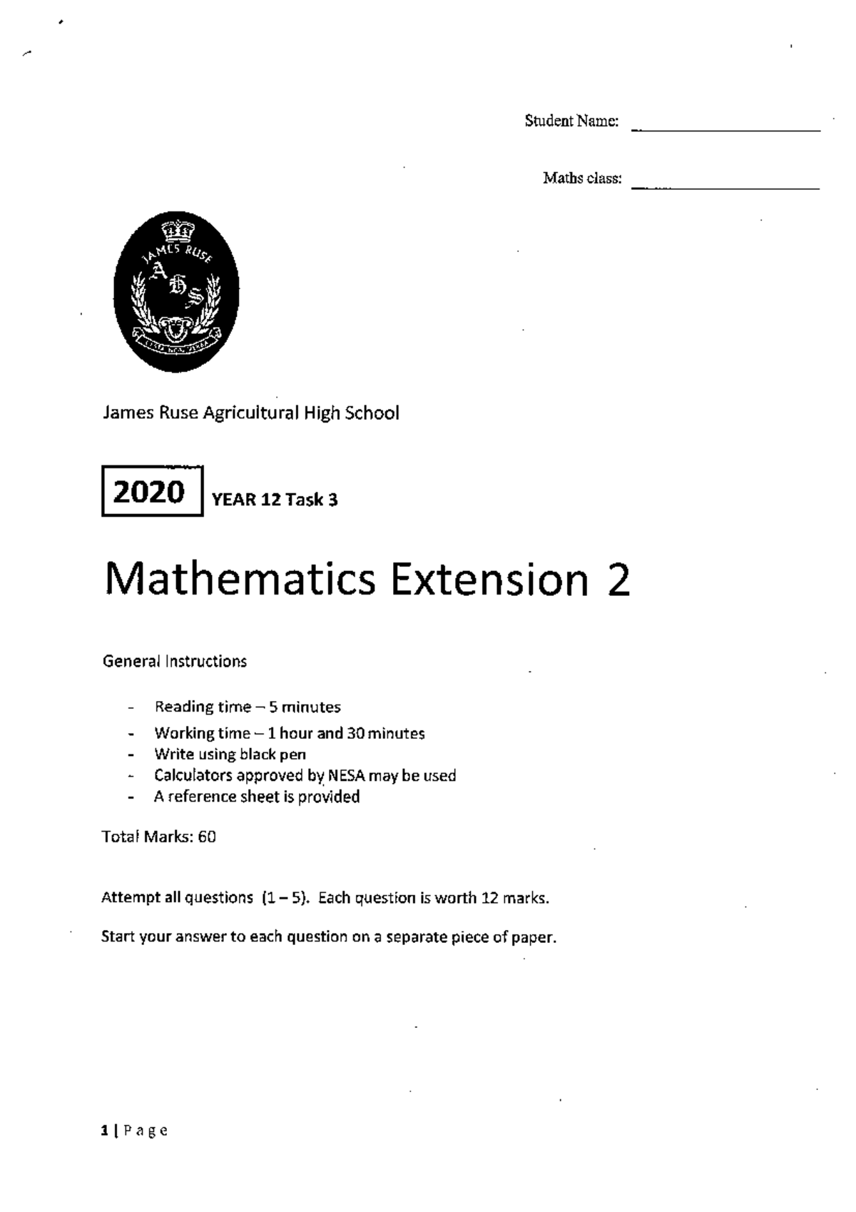 Year 12 Mathematics Extension 2 Task 3 Exam Paper - James Ruse 2020 ...