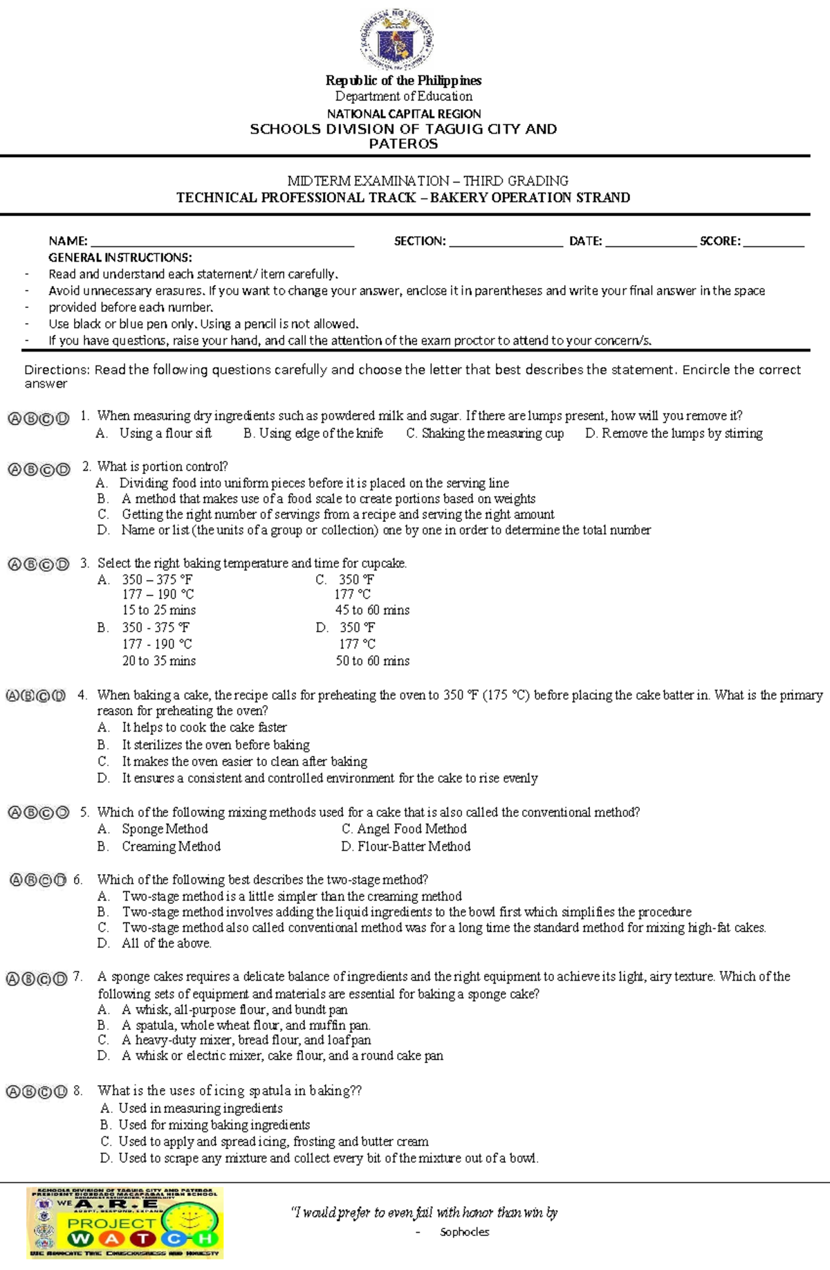 GRD 11 BPP MIDTERM EXAM: BAKERY OPERATION STRAND - Studocu