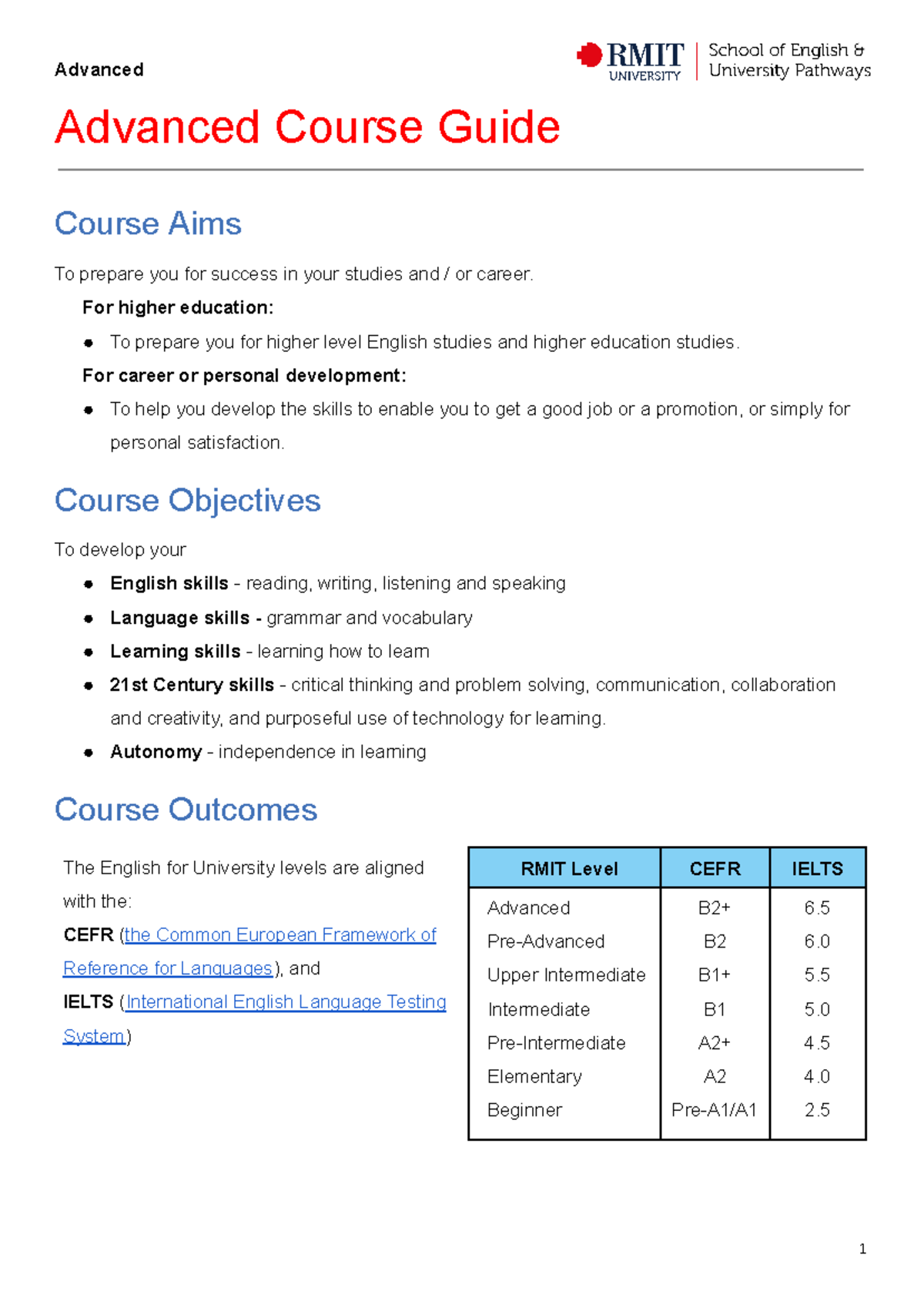Advanced Course Guide: Aims, Objectives, and Outcomes for Success - Studocu