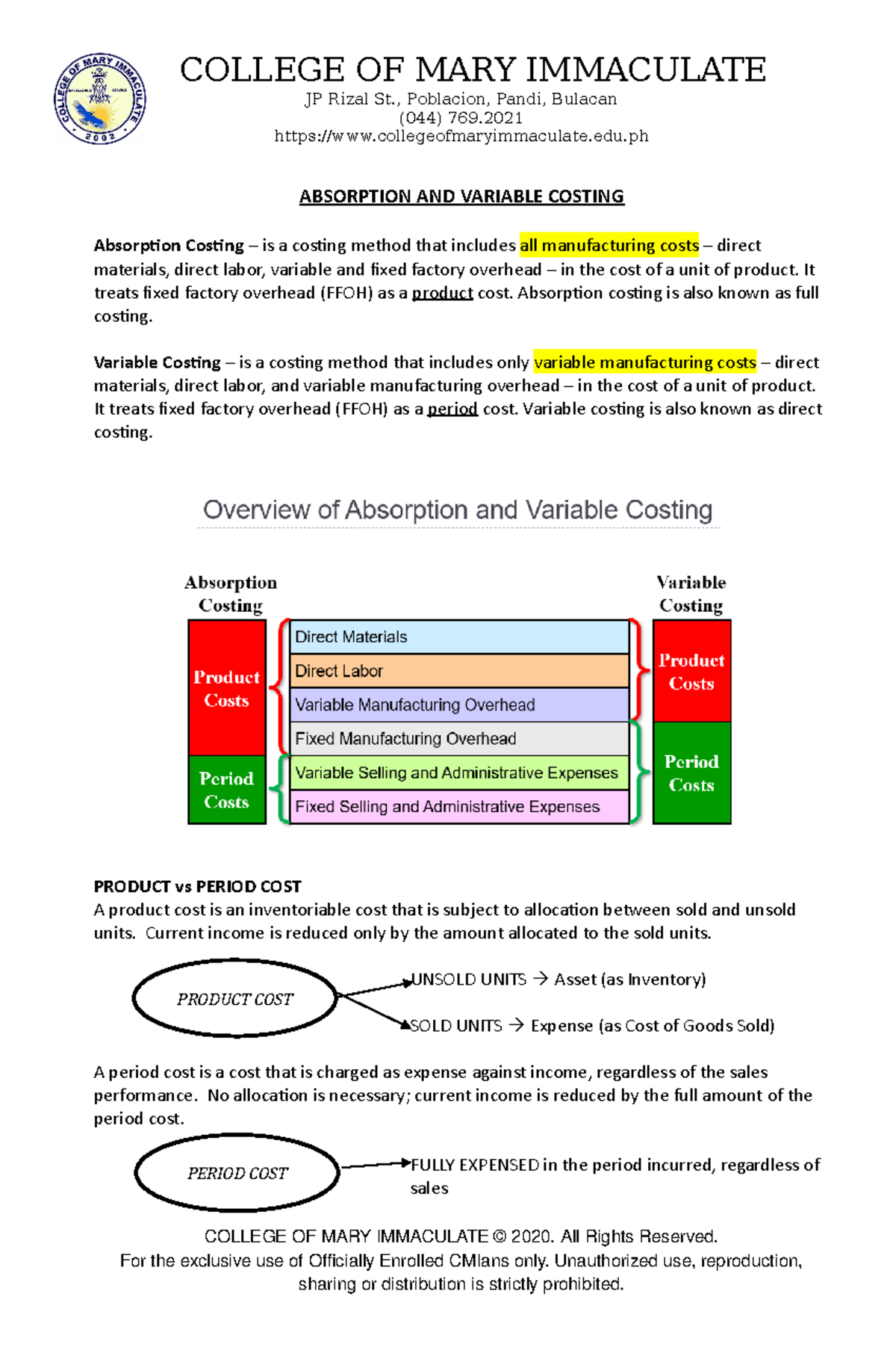 SCM 202 Absorption vs. Variable Costing Concepts & Exercises Answer Key - Studocu