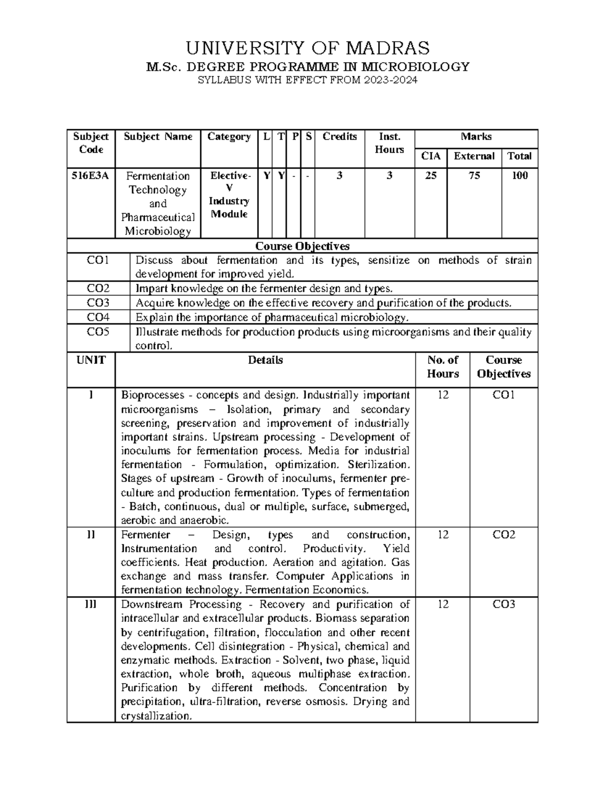 516E3A - Syllabus for Fermentation Technology & Pharmaceutical ...