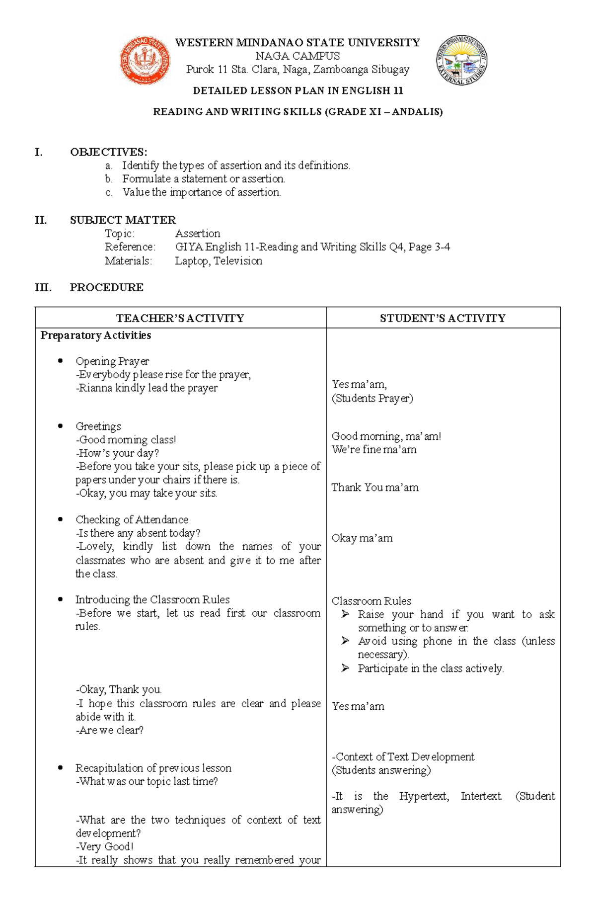 Detailed Lesson Plan in English 11: Assertion Skills (Grade XI) - Studocu