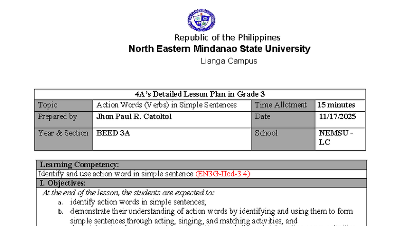 NEMSU LC Detailed Lesson Plan: Action Words in Simple Sentences - Studocu