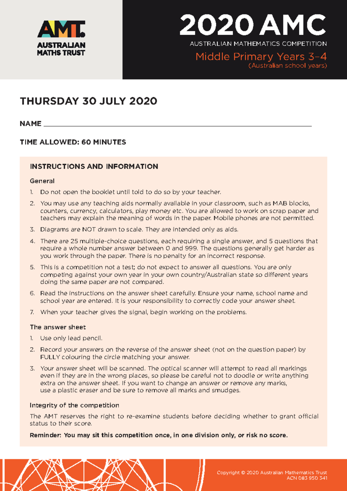 2020 AMC Australian Mathematics Competition - Middle Primary Guide ...