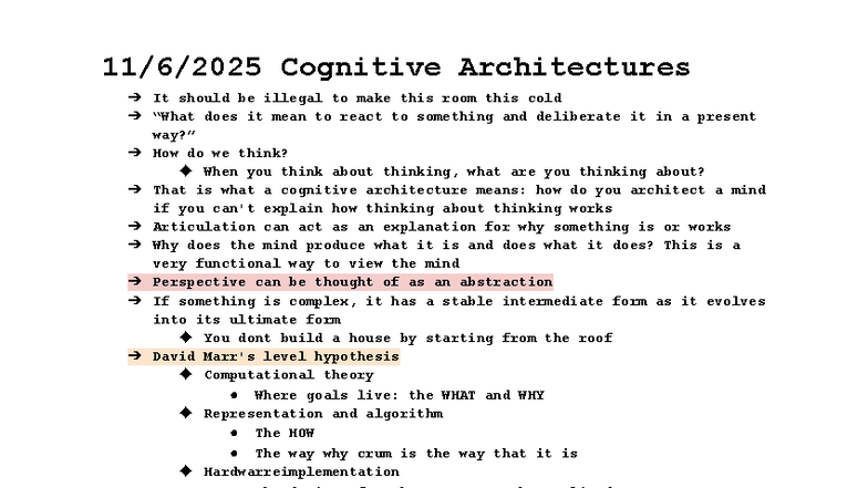 Cog Sci - Cognitive Architectures and Mind Functionality - Studocu