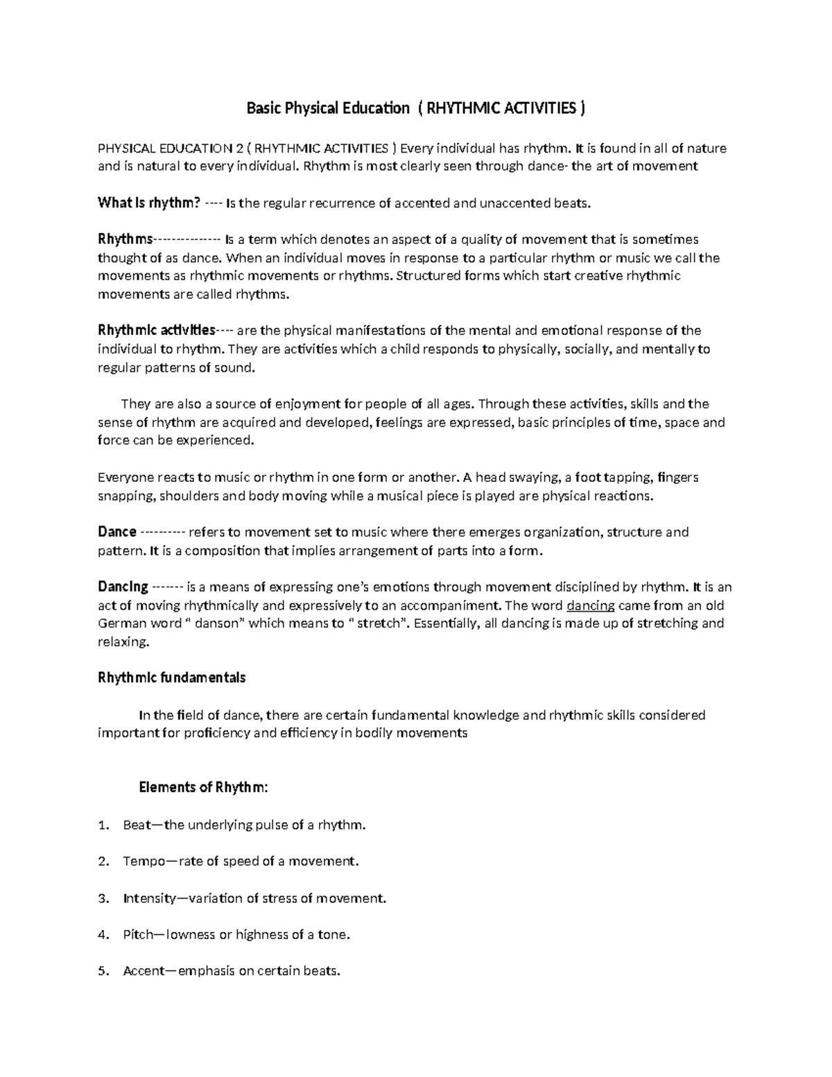 Basic Physical Education 2: Rhythmic Activities Notes - Studocu