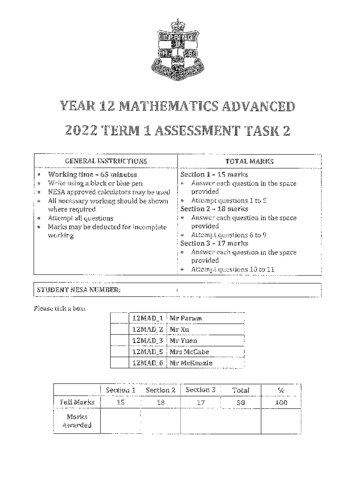 2022 Yr12 Mathematics Advanced T1 Assessment Task 2 Solutions - Studocu