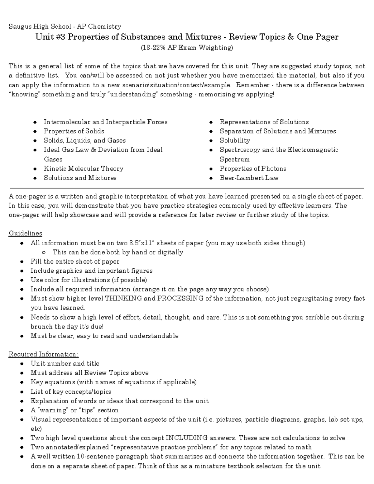 AP Chemistry Unit 3 1-Pager Review: Properties of Substances & Mixtures ...