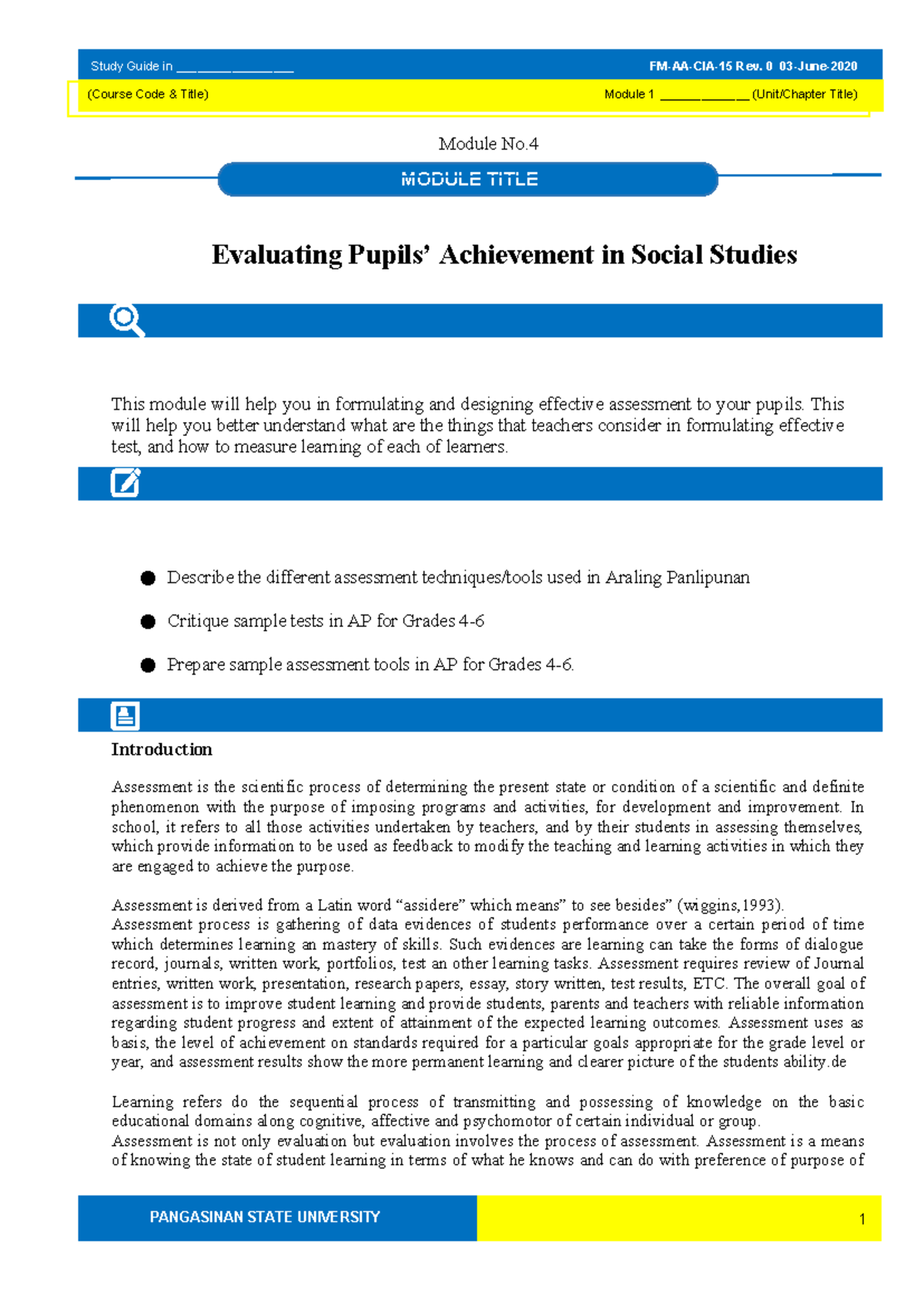 EGE 109 SG 4: Evaluating Achievement in Social Studies Module 4 - Studocu